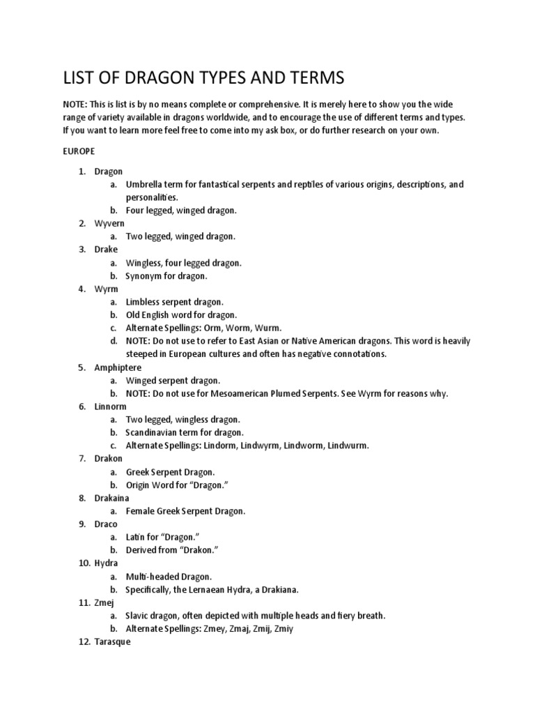 List of Dragon Types and Terms | PDF | Legendary Reptiles | Mythology