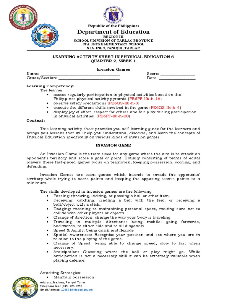 PE 6: Invasion Games Guide | PDF | Invasion | Physical Education