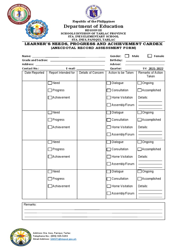 Learner's Needs, Progress and Achievement Cardex | PDF | Communication