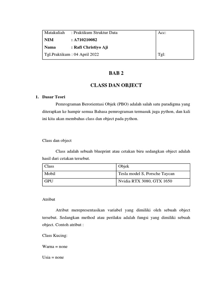 Bab 2 Class Dan Object: NIM: A710210082 Nama: Rafi Christiyo Aji | PDF