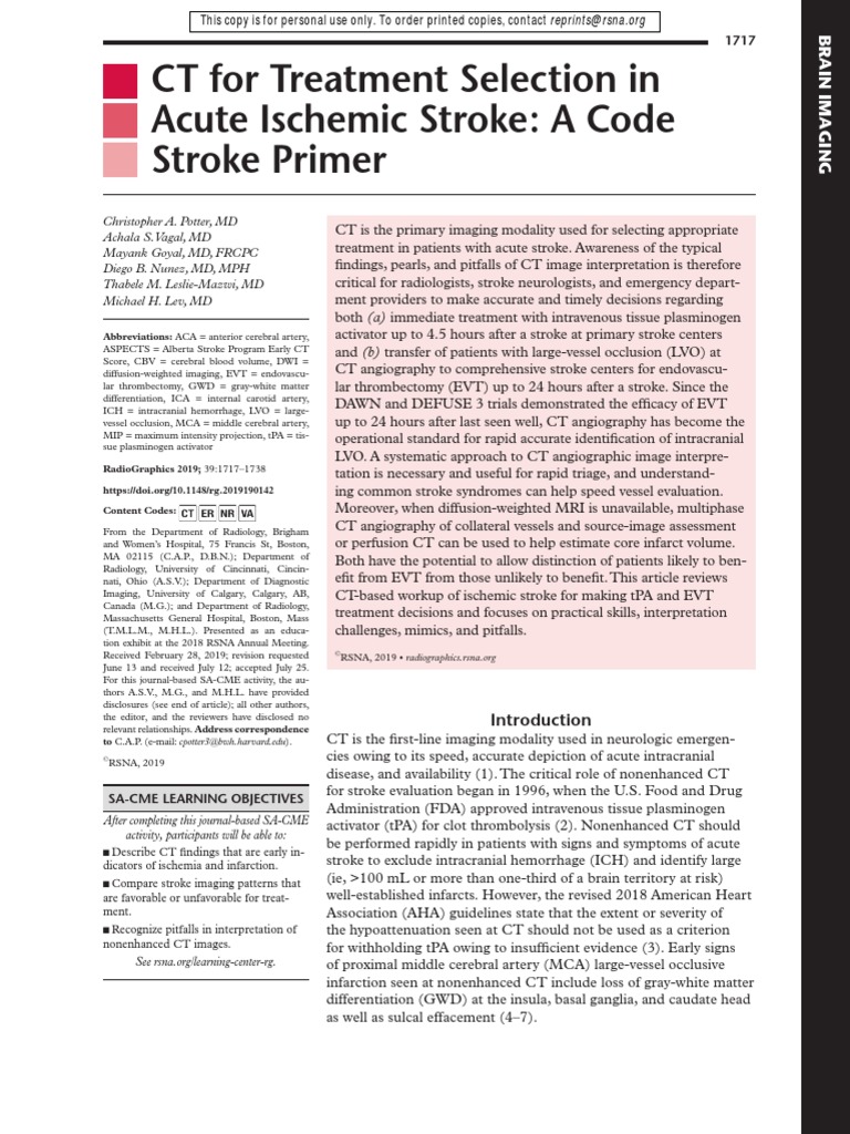 CT For Treatment Selection in Acute Ischemic Stroke: A Code Stroke ...