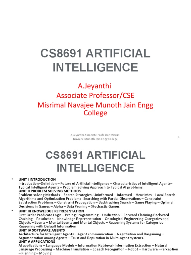 CS8691 Unit1 ARTIFICIAL INTELLIGENCE Regulation 2017 | PDF | Artificial Intelligence ...