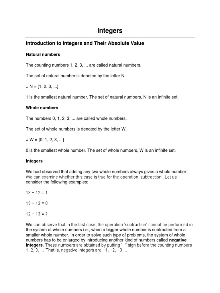 Integers: Introduction To Integers and Their Absolute Value | PDF ...