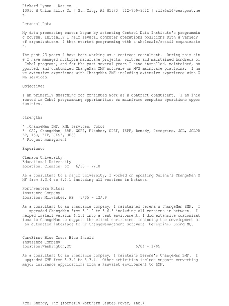 Consultant - Cobol Programmer - ChangeMan Admin | PDF | Software | Computer Engineering