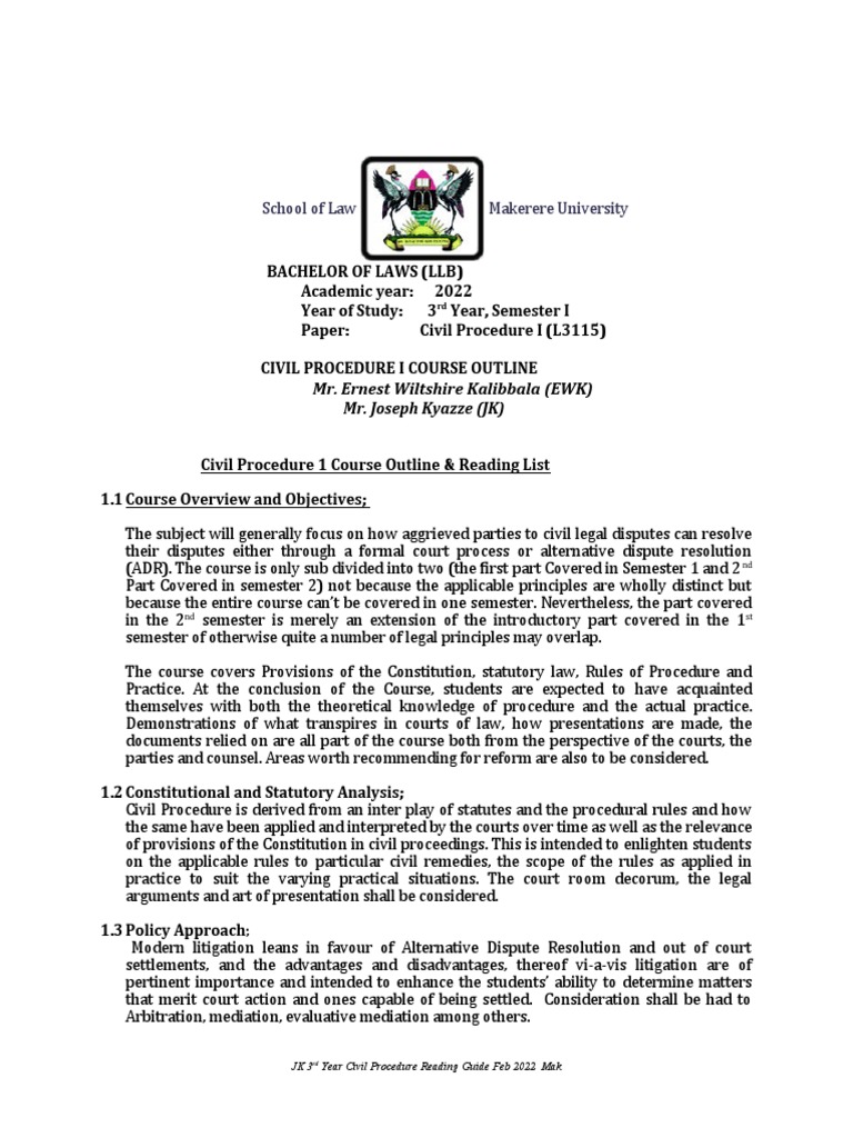 FINAL CIVIL Procedure 1 Reading Guide MUK 2022-1 | PDF | Judiciaries ...