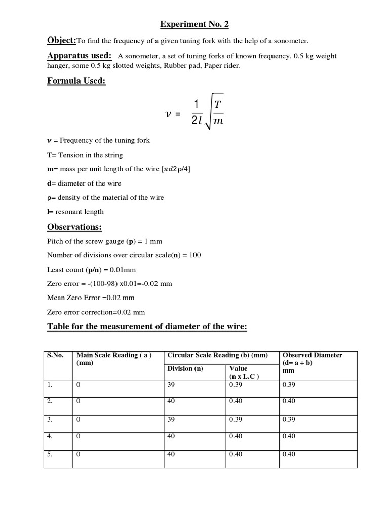Experiment No. 2 Object: Apparatus Used:: M Mass Per Unit Length of The ...