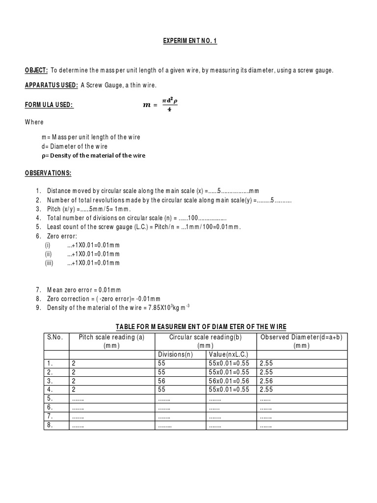 Determining the Mass per Unit Length of a Wire Using a Screw Gauge ...