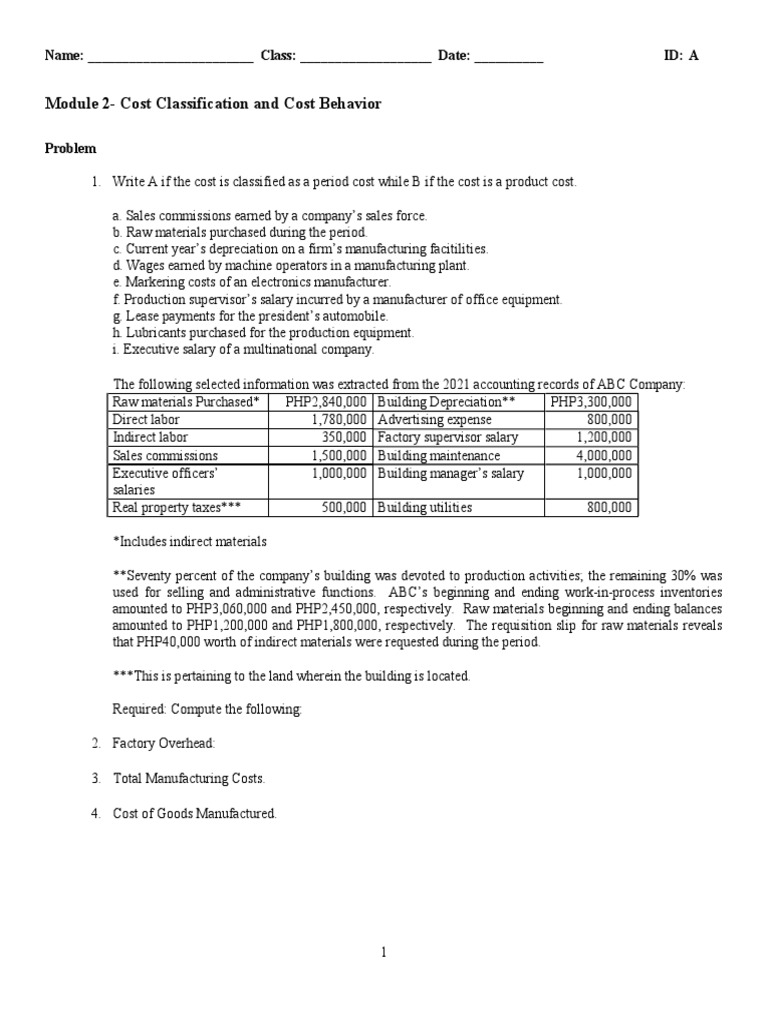 Module 2 - Cost Classification and Cost Behavior | PDF | Cost | Expense