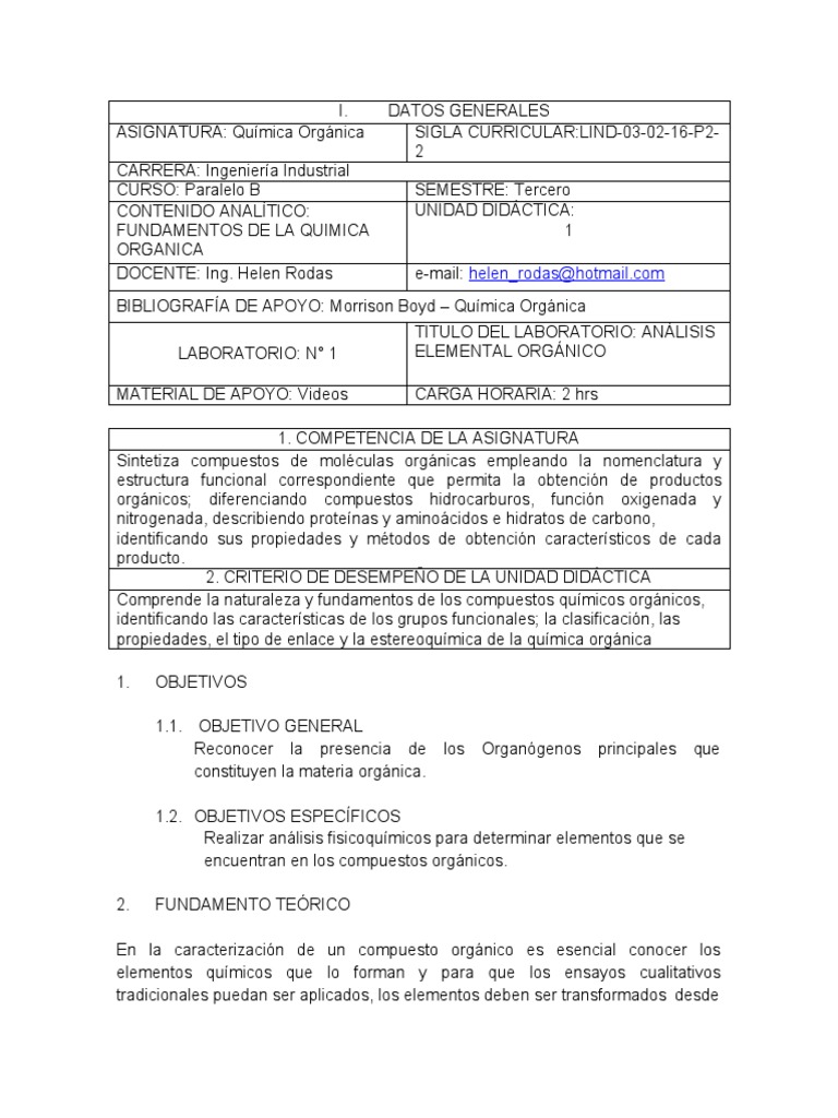 Ind - QMC Org - Lab 1 - Análisis Elemental Orgánico | PDF | Compuestos orgánicos | Química