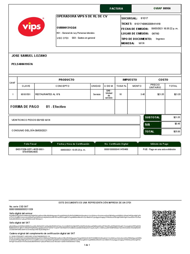 Operadora Vips S de RL de CV: Forma de Pago 01 - Efectivo | PDF ...