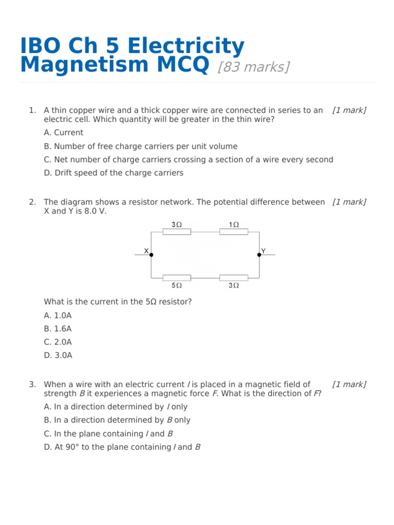 IBO CH 5 Electricity Magnetism MCQ: (83 Marks) | PDF | Voltage ...