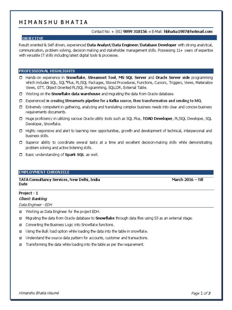 Resume-Himanshu Bhatia Snowflake Developer | PDF | Pl/Sql | Databases
