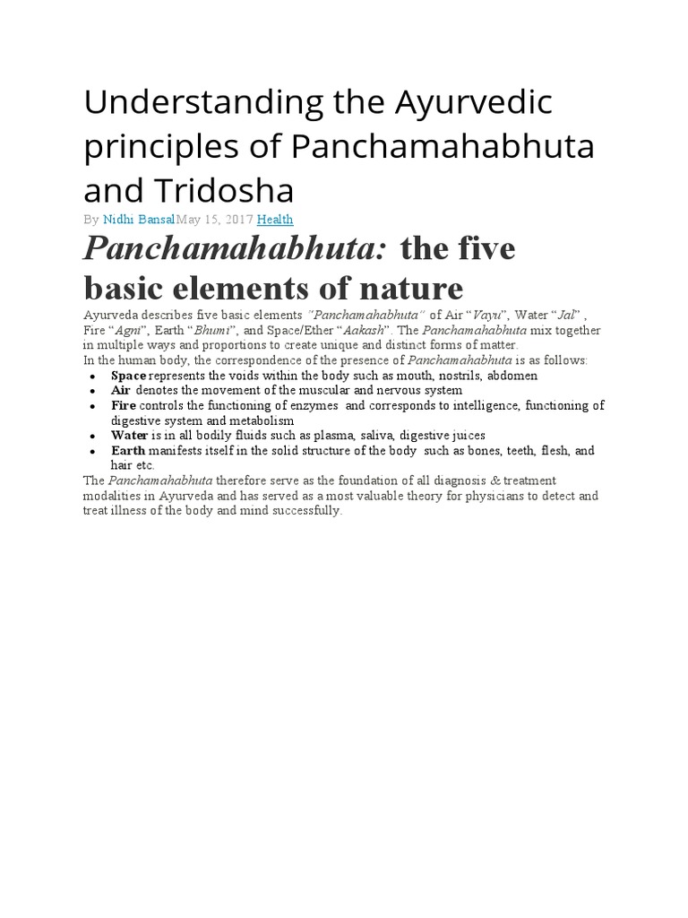 Panchamahabhuta: The Five: Basic Elements of Nature | PDF | Ayurveda ...