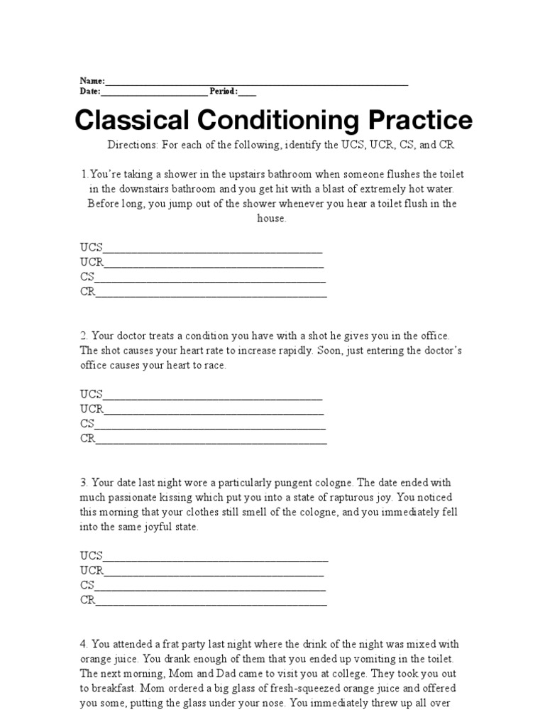 Classical Conditioning Examples Worksheet | PDF