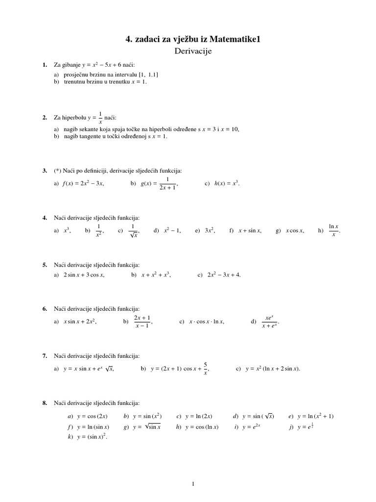 Vježba Derivacije Mat 4 | PDF