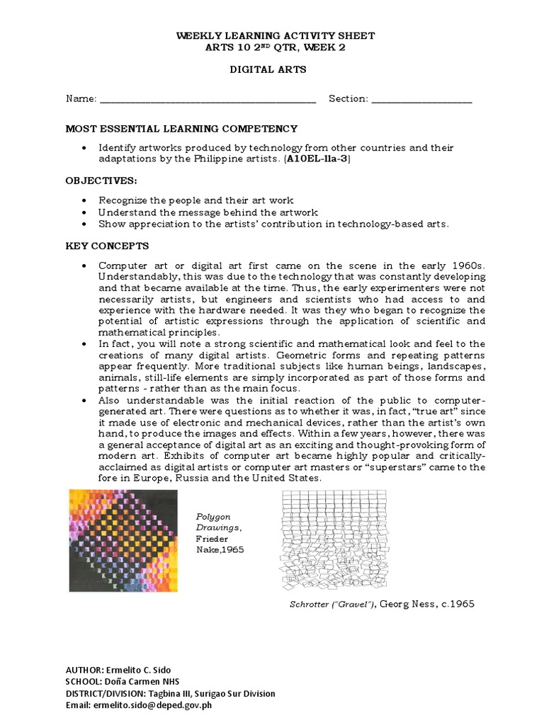 Weekly Learning Activity Sheet ARTS 10 2 QTR, Week 2 Digital Arts | PDF ...
