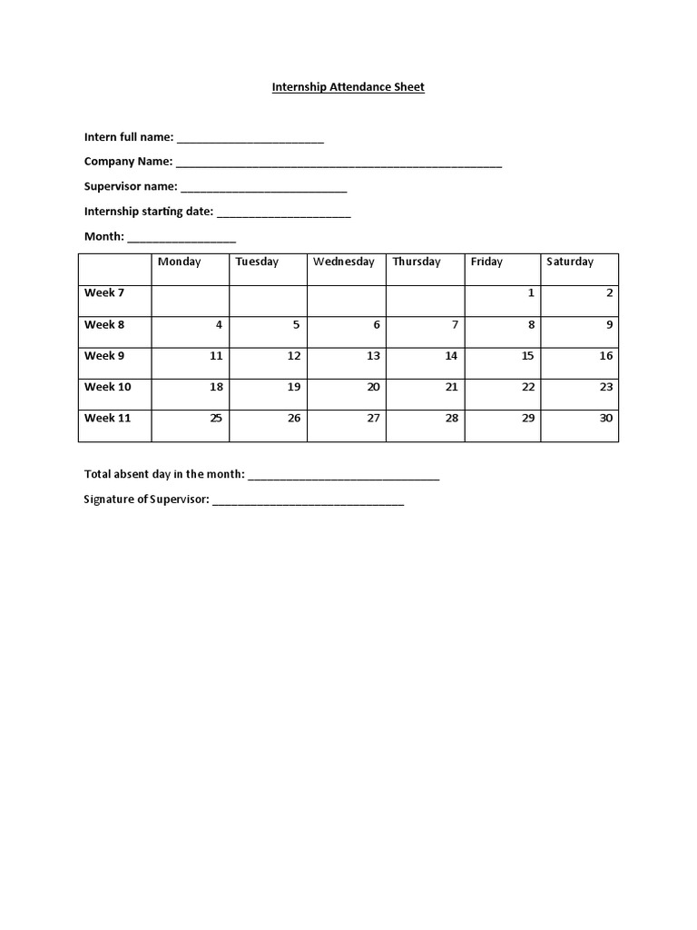 Internship Attendance Sheet Template | PDF