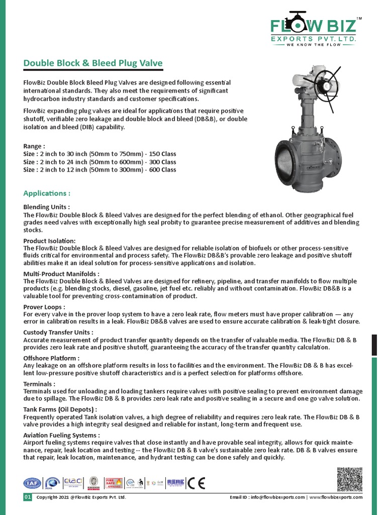 FlowBiz Double Block & Bleed Plug Valve | PDF | Leak | Valve