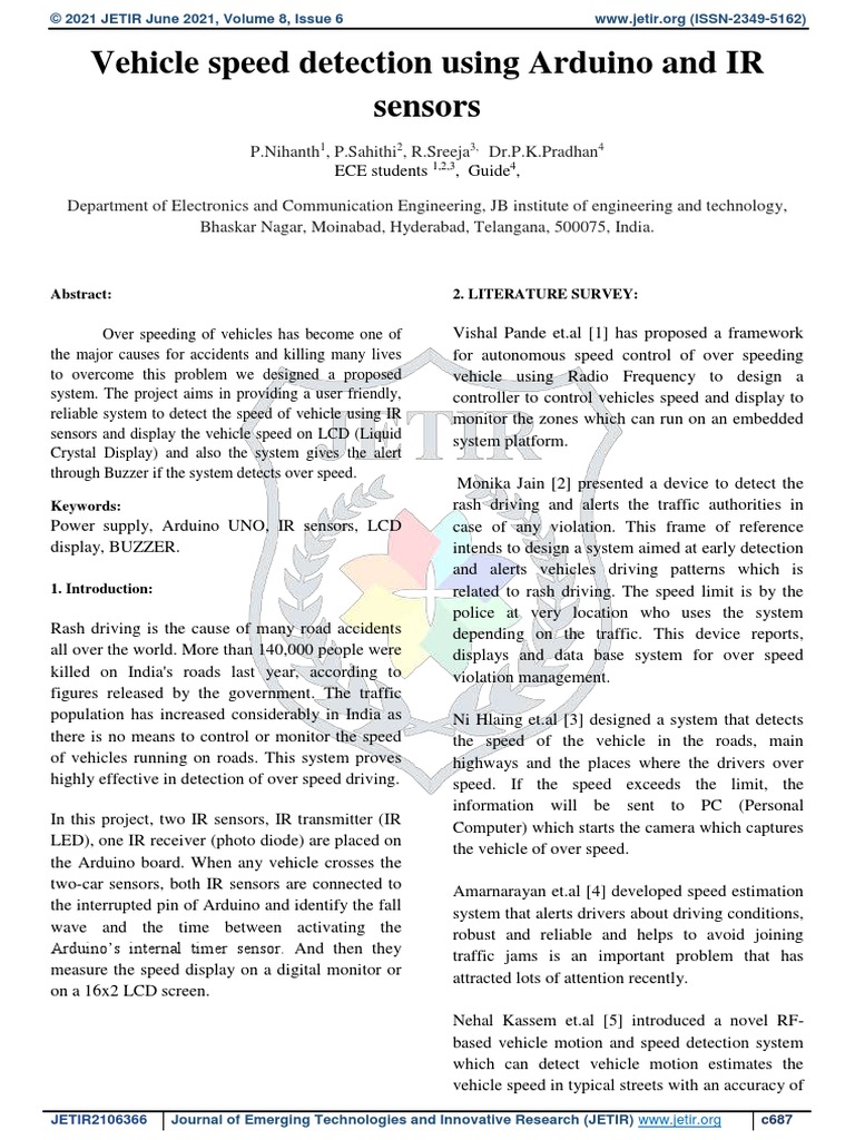 Vehicle Speed Detection Using Arduino and IR Sensors: P.Nihanth, P.Sahithi, R.Sreeja Dr.P.K ...