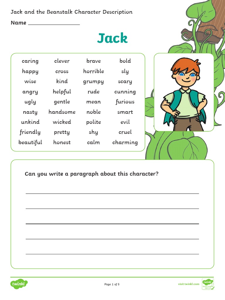 Jack and The Beanstalk Character Description Writing Frames Ver 1 Jack | PDF