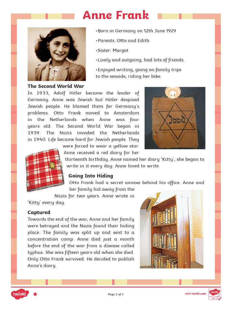 Anne Frank Differentiated Reading Comprehension Activity Ver 4 Level 1 ...