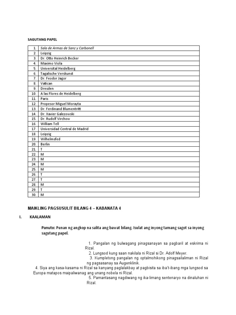 Pagsusulit KAbanata 4 | PDF