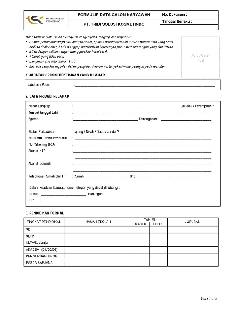 Formulir Data Calon Karyawan | PDF | Bisnis