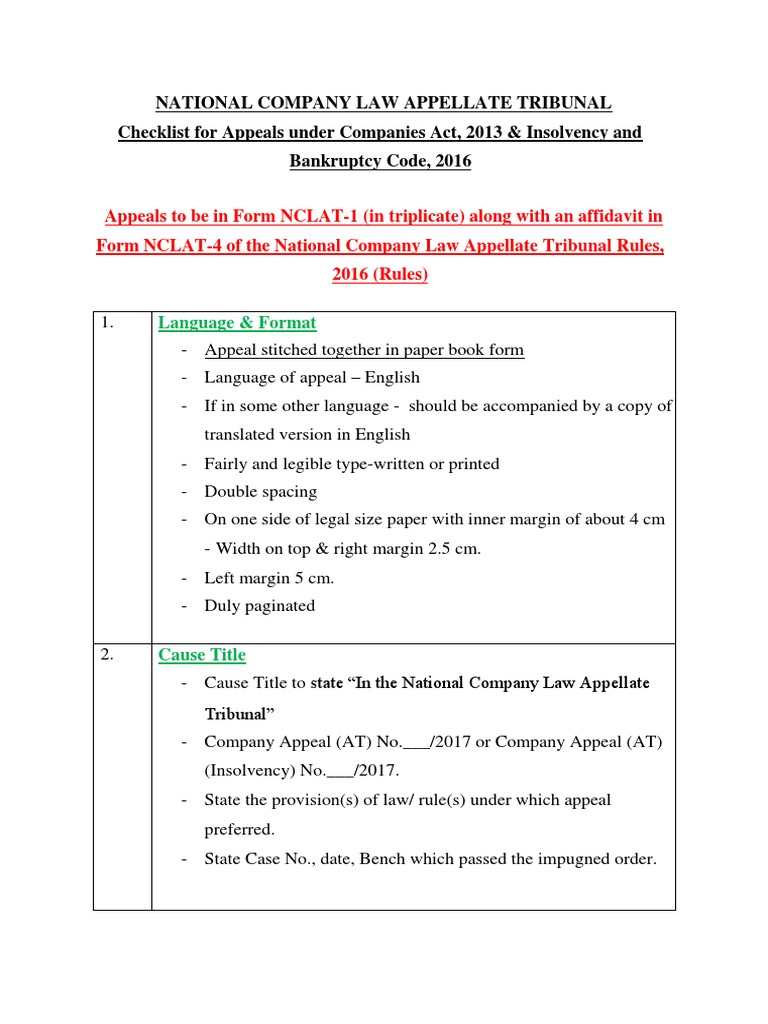 National Company Law Appellate Tribunal Checklist For Appeals Under ...