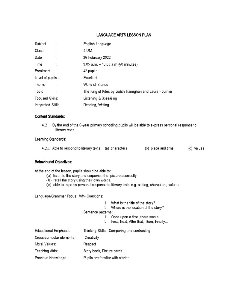 Language Arts Lesson Plan Year 4 | PDF | Lesson Plan | Teachers