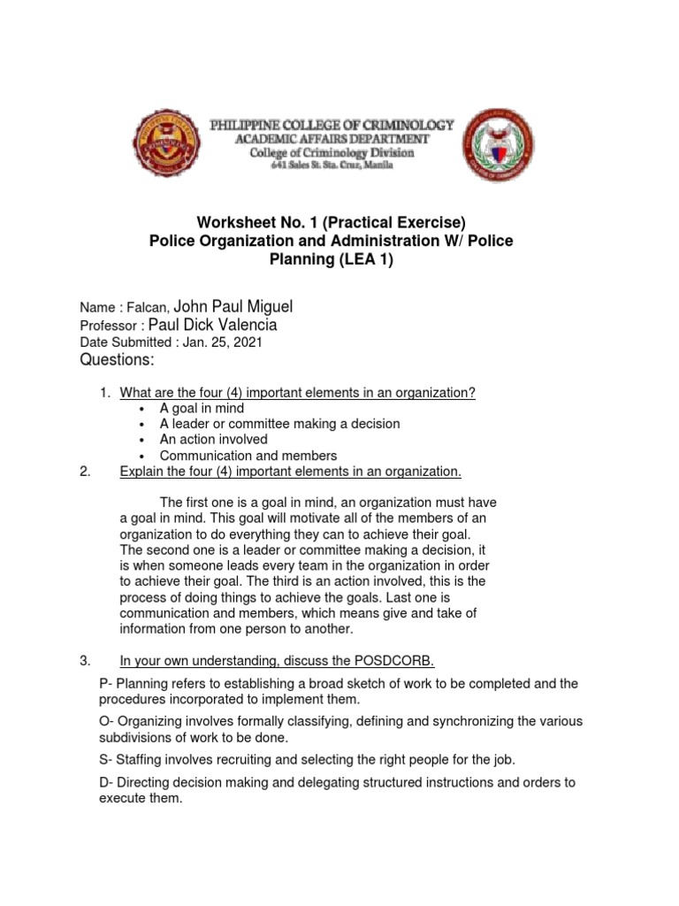 Worksheet No. 1 (Practical Exercise) Police Organization and ...