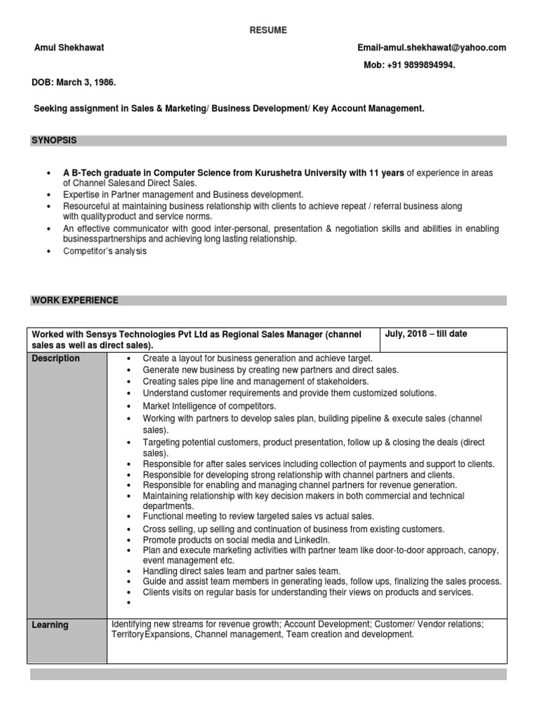CV For Sales Profile - Amul Shekhawat | PDF | Sales | Marketing