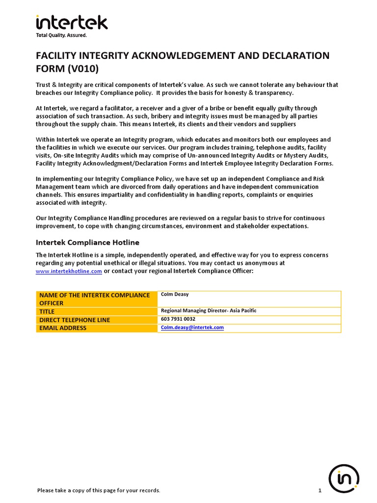 Annex IV Intertek Facility Integrity Acknowledgment and Declaration ...
