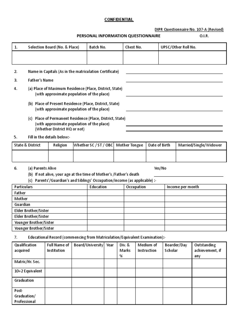 Personal Information Questionnaire: Confidential | PDF