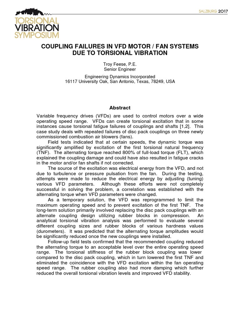 Coupling Failures in VFD Motor Fan: Torsional Vibration | PDF ...