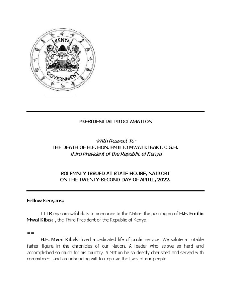 Presidential Proclamation The Third 21042022 1 | PDF | Kenya | Government