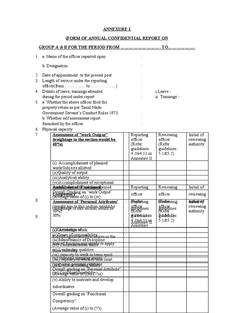 Annexure 1 (Form of Annual Confidential Report On GROUP A & B FOR THE ...