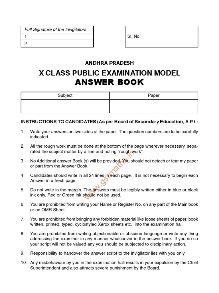 10th Class Public Exam Answer Booklet | PDF