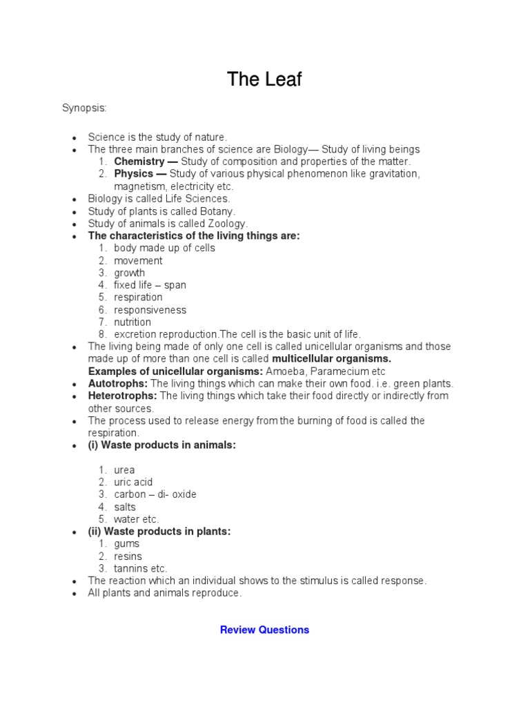 Selina Concise Biology Solutions Class 6 Chapter 1 The Leaf | PDF ...
