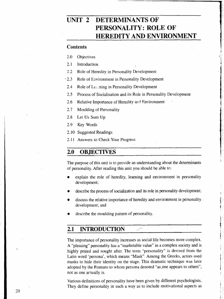Unit 2 Determinants of Personality: Role' of Heredity and Environment ...