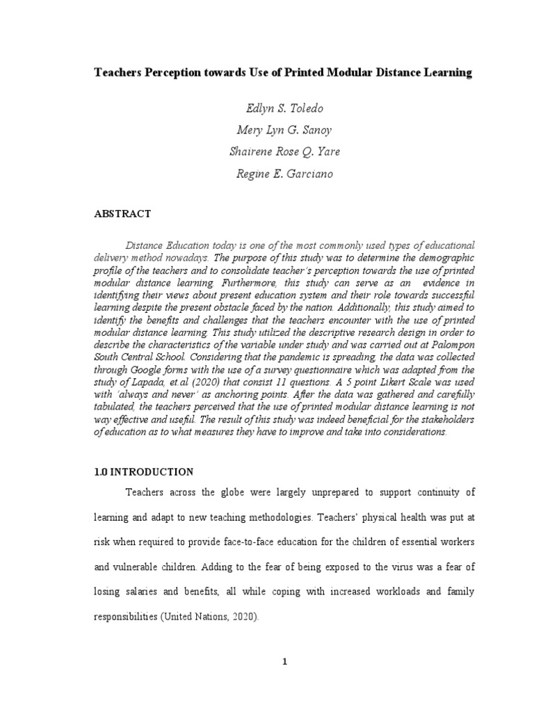 Teacher Perceptions of Printed Modular Distance Learning: Benefits ...