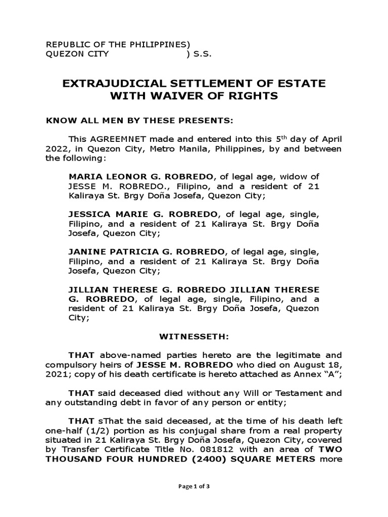 Extrajudicial Settlement of Estate With Waiver of Rights | PDF ...