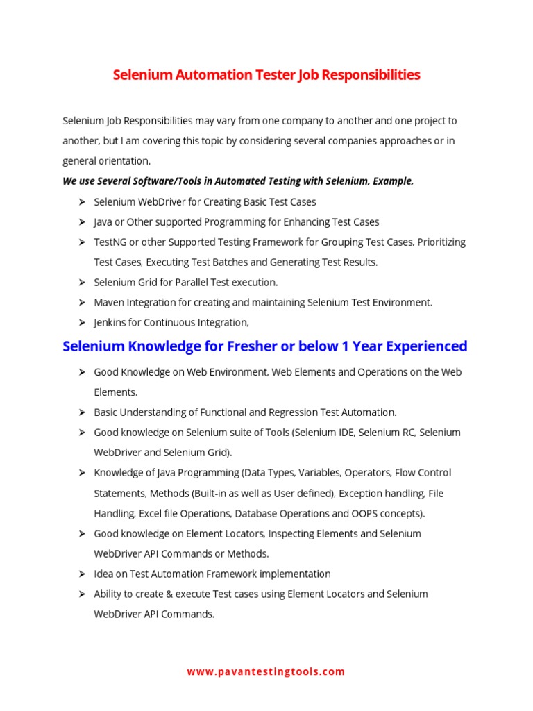 Selenium Automation Tester Job Responsibilities | Download Free PDF ...