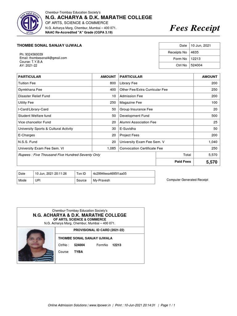 Fees Receipt: N.G. Acharya & D.K. Marathe College | PDF