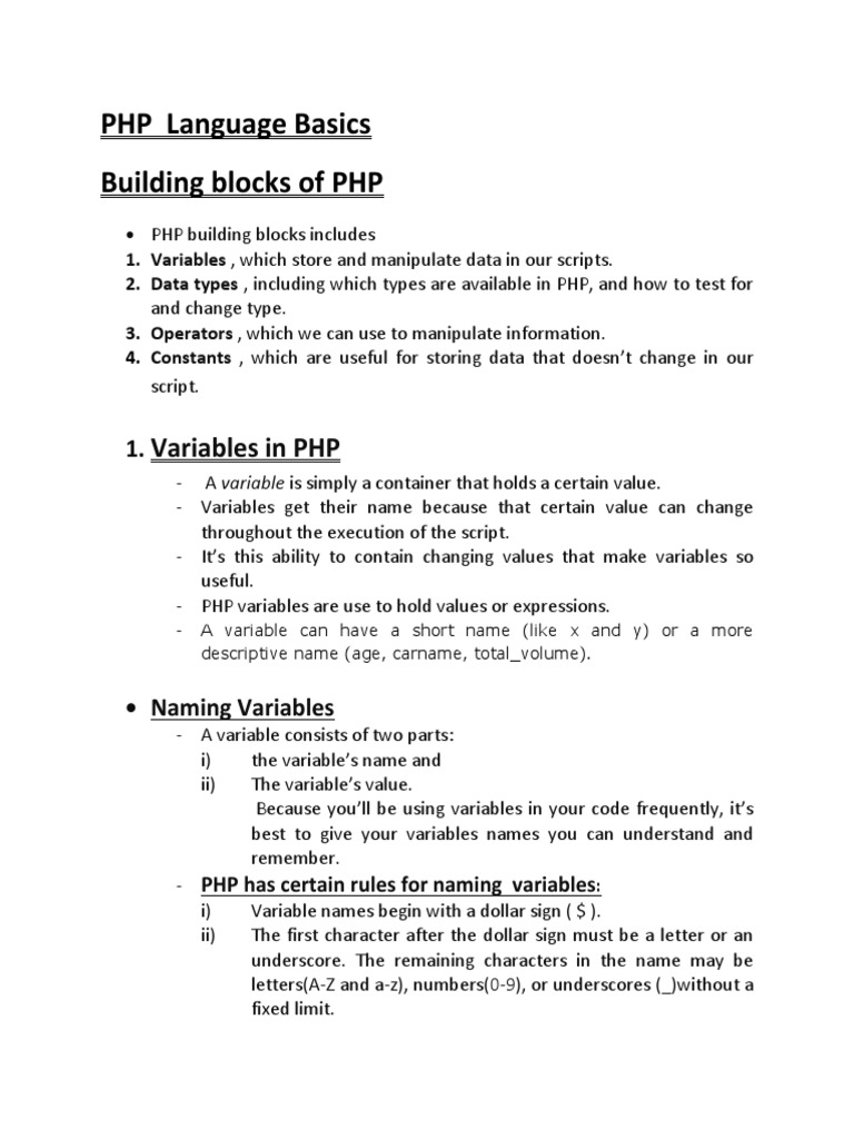 Php Language Basics Building Blocks Pdf Variable Computer Science Data Type 8978