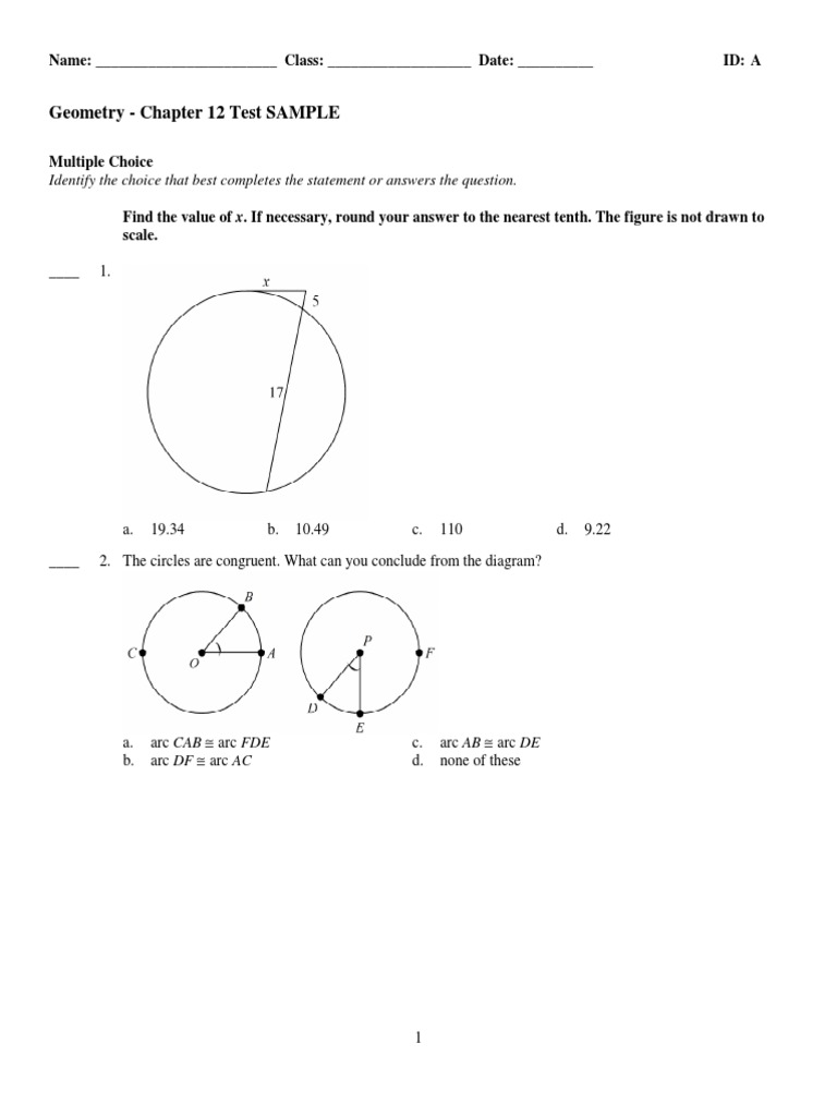 Geometry - Chapter 12 Test | PDF | Circle | Perpendicular