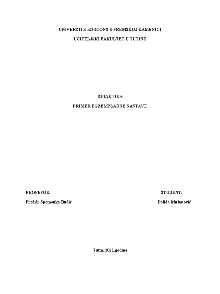 Primer Egzemplarne Nastave - Priroda I Društvo | PDF