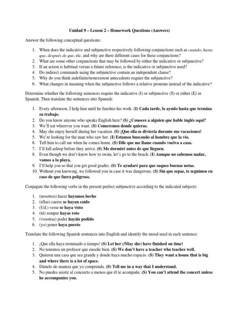 Unidad 9 - Lesson 2 - Spanish HW - Answers | PDF | Morphology ...