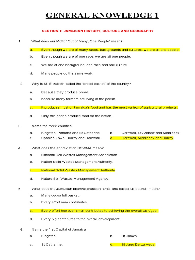 GENERAL KNOWLEDGE-1 Answer Sheet | PDF | Jamaica