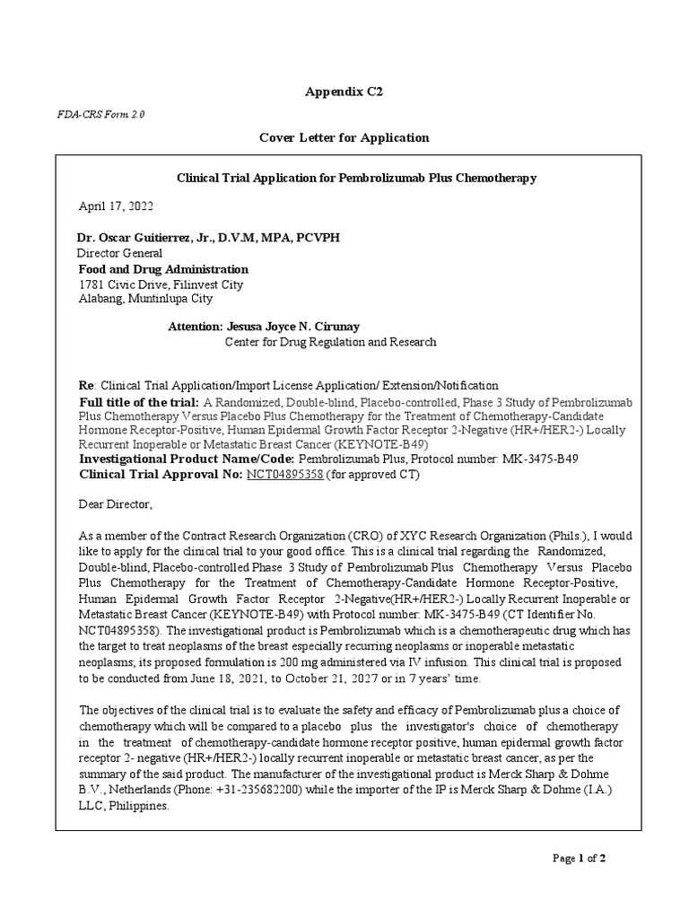 Appendix C2 Cover Letter ASUBAR | PDF | Clinical Trial | Chemotherapy