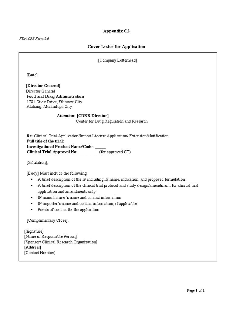 Appendix C2 Cover Letter For Application: FDA-CRS Form 2.0 | PDF